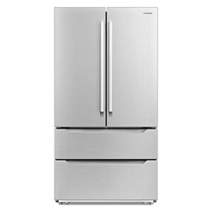 cosmo fdr225rhss-g 36 in double french door refrigerator | energy efficient fridge with 2 drawer bottom freezer & built-in automatic ice maker/chest, 22.5 cu. ft. storage capacity - stainless steel