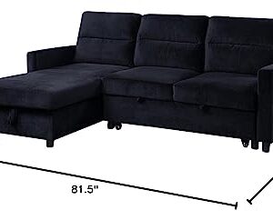 Lilola Home Ivy Black Velvet Reversible Sleeper Sectional Sofa with Storage Chaise and Side Pocket