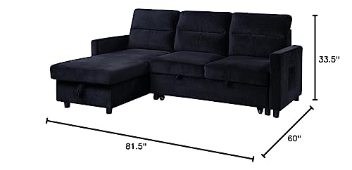 Lilola Home Ivy Black Velvet Reversible Sleeper Sectional Sofa with Storage Chaise and Side Pocket