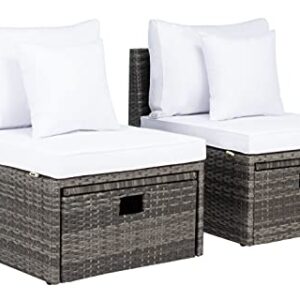 SAFAVIEH Outdoor Collection Pramla Grey Brown/White Cushion Settee with Storage Ottoman (Set of 2) PAT7515C