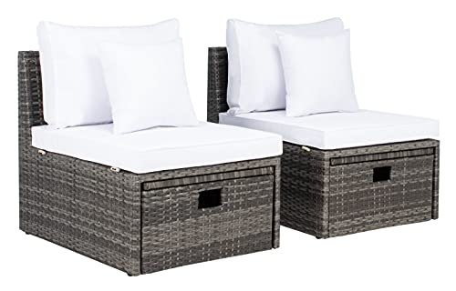 SAFAVIEH Outdoor Collection Pramla Grey Brown/White Cushion Settee with Storage Ottoman (Set of 2) PAT7515C