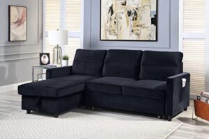 lilola home ivy black velvet reversible sleeper sectional sofa with storage chaise and side pocket