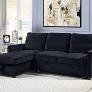 Lilola Home Ivy Black Velvet Reversible Sleeper Sectional Sofa with Storage Chaise and Side Pocket