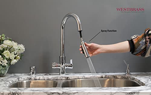 Westbrass KH41A-26 HotMaster 4 in 1 Single Handle Kitchen Faucet Only with Push Button Dual Spray Mode Pull Down Nozzle Head, Polished Chrome