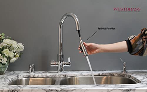 Westbrass KH41A-26 HotMaster 4 in 1 Single Handle Kitchen Faucet Only with Push Button Dual Spray Mode Pull Down Nozzle Head, Polished Chrome