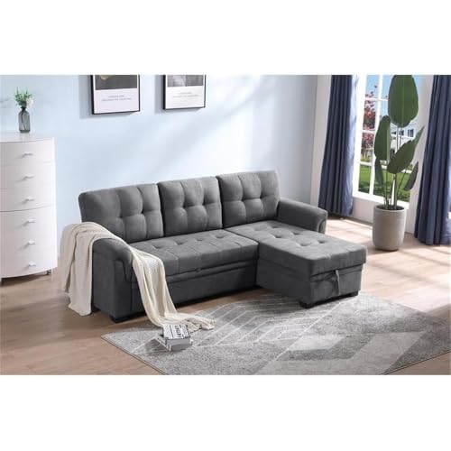 BOWERY HILL Contemporary Fabric Reversible Sectional Sleeper Sofa Chaise in Gray