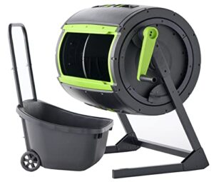 maze 65 gallon dual chamber compost tumbler with large double door and open base and comes with maze compost cart