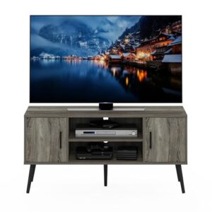 Furinno Claude Mid Century Style Wood Legs TV Stand for TV Size up to 50 inch with Two Cabinets, French Oak