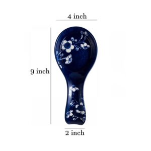 Sizikato Set of 2 Ceramic Spoon Rests, Utensil Ladle Rest for Kitchen, Blue Flower Pattern