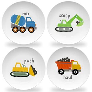 tiny expressions – construction plates for toddlers - set of 4 melamine plates for kids - mixer, excavator, bulldozer, and dump truck - fun plastic plates for kids