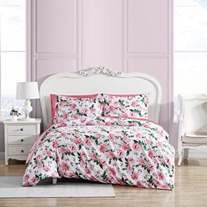 betsey johnson - queen duvet cover set, reversible bedding with matching shams, all season home decor (blooming roses pink, queen)