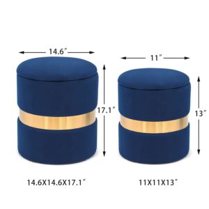 Joveco Round Velvet Storage Ottoman Set of 2 - Footrest Upholstered Footstool Side Table Seat Make Up Stool with Metal Band (Blue)