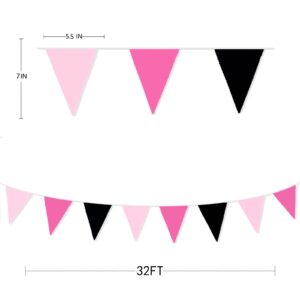 32Ft Rose Hot Pink Black Pennant Banner Fabric Triangle Flag Cotton Bunting Garland for Minnie Mouse Birthday Wedding Anniversary Party Home Nursery Outdoor Garden Hanging Festivals Decoration (36Pcs)