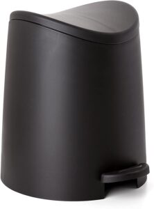 superio mini plastic bathroom trash can with lid 3 liter black modern curved step on trash can with foot pedal, mini kitchen waste bin, durable and soft close for bedroom, office, under desk