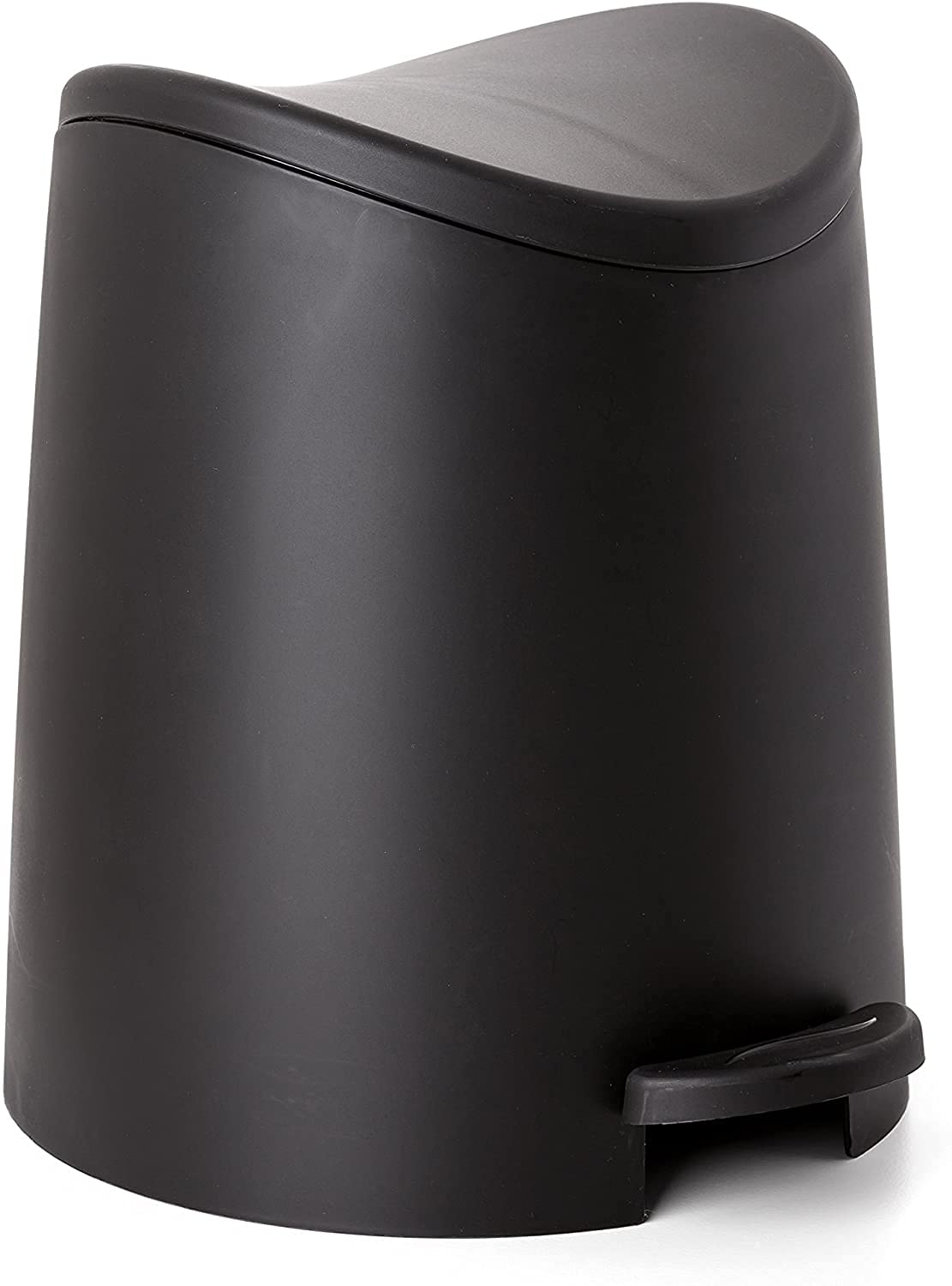 Superio Mini Plastic Bathroom Trash Can with Lid 3 Liter Black Modern Curved Step On Trash Can with Foot Pedal, Mini Kitchen Waste Bin, Durable and Soft Close for Bedroom, Office, Under Desk