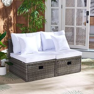 SAFAVIEH Outdoor Collection Pramla Grey Brown/White Cushion Settee with Storage Ottoman (Set of 2) PAT7515C