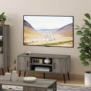 Furinno Claude Mid Century Style Wood Legs TV Stand for TV Size up to 50 inch with Two Cabinets, French Oak