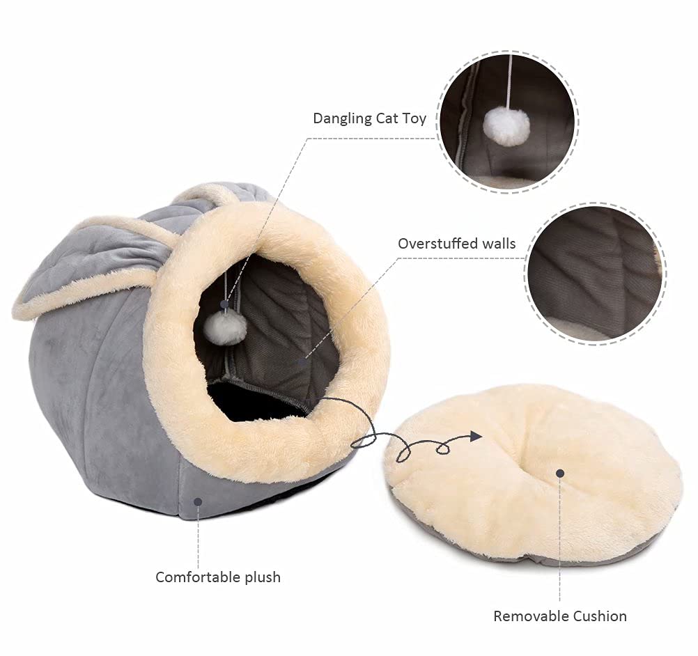 Beds for Indoor Cats - Small Dog Bed with Anti-Slip Bottom, Rabbit-Shaped Cat/Dog Cave with Hanging Toy, Puppy Bed with Removable Cotton Pad, Super Soft Calming Pet Sofa (Grey Medium)