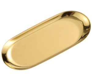 1 pcs gold trinket tray oval stainless steel small serving trays towel storage dish plate tea fruit trays jewelry plate decorative storage tray (gold 1pcs, 9 x 3.8 inch)