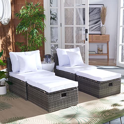 SAFAVIEH Outdoor Collection Pramla Grey Brown/White Cushion Settee with Storage Ottoman (Set of 2) PAT7515C