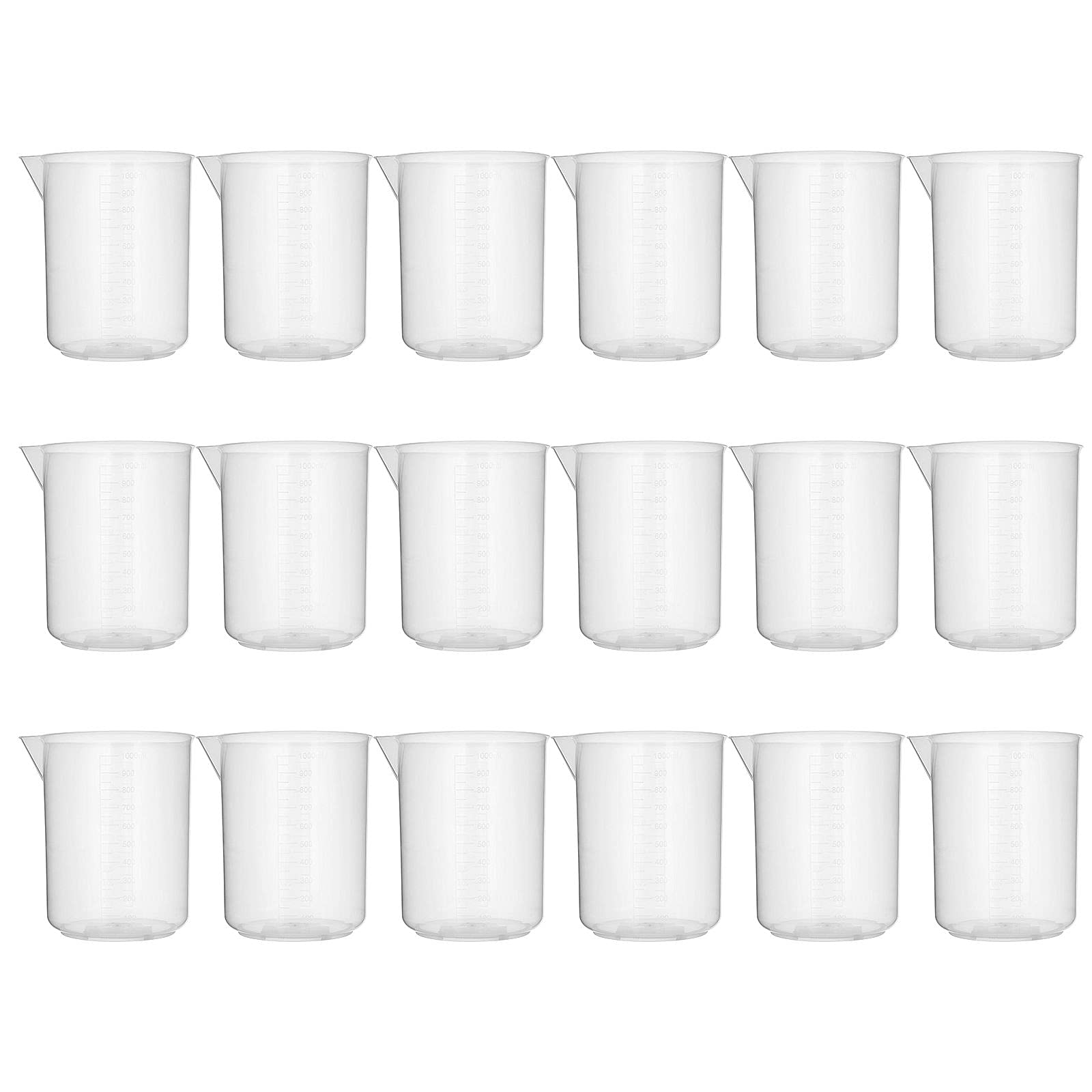 18 Pack Plastic Beakers, 1000 ml Graduations, Premium Polypropylene, Plastic Graduated Measuring Cups for Science Lab Equipment, Home Experiment, School Teaching Supplies Transparent