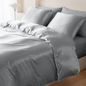 al ahmedani linen 6 piece satin sheets queen and king size with 4 pillow cases, 1 satin fitted sheet, 1 satin duvet cover - gray