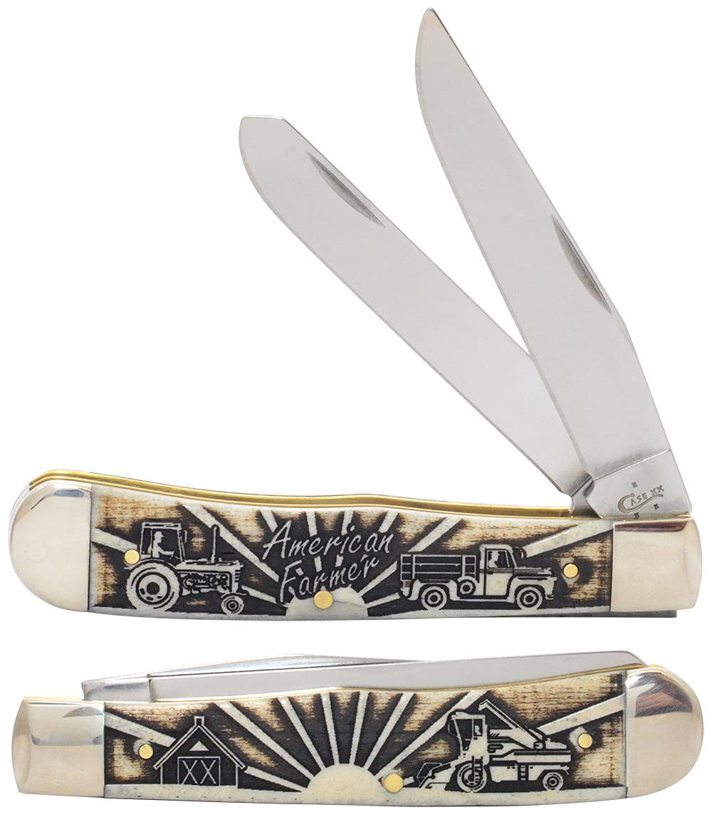 Case WR XX Pocket Knife Natural Sculpted Bone Trapper American Farmer Item #1067603 - (6254 SS) - Length Closed: 4 1/8 Inches