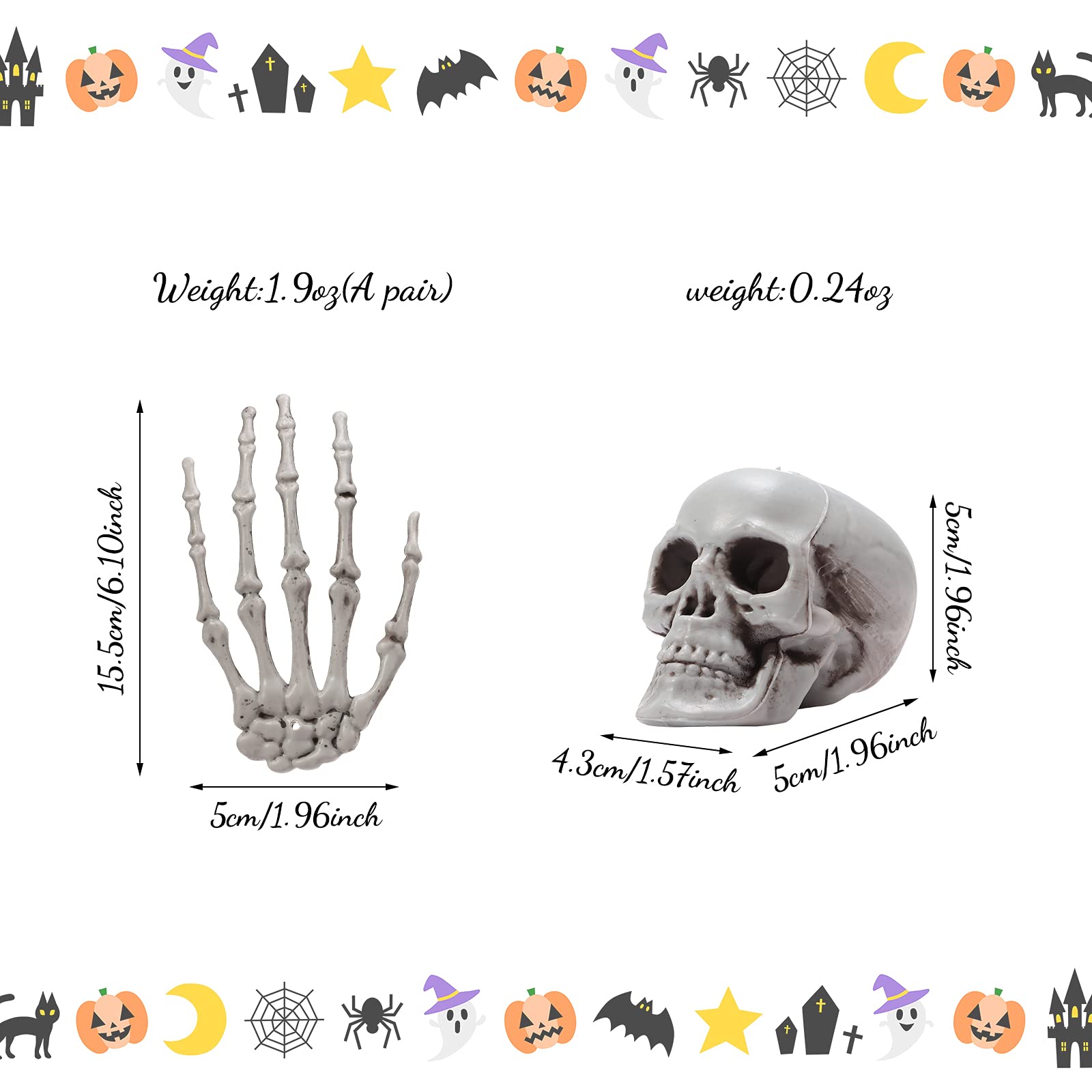 8 Pieces Halloween Decoration Set Includes 4 Halloween Mini Skulls Realistic Looking Skulls and 4 Skeleton Hands Plastic Fake Human Hands for Halloween Party Decoration