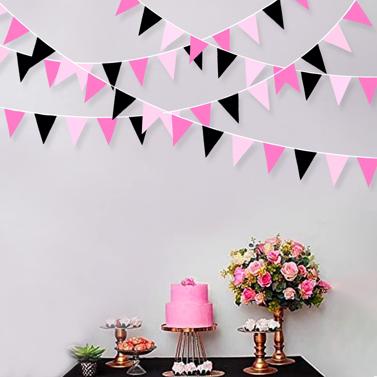 32Ft Rose Hot Pink Black Pennant Banner Fabric Triangle Flag Cotton Bunting Garland for Minnie Mouse Birthday Wedding Anniversary Party Home Nursery Outdoor Garden Hanging Festivals Decoration (36Pcs)