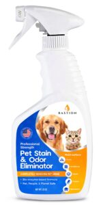 pet stain remover & odor eliminator spray - professional strength formula - enzyme powered carpet cleaner solution - natural deodorizer - bio-enzymatic - dog, cat urine destroyer - dye free 32oz spay