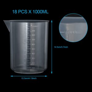 18 Pack Plastic Beakers, 1000 ml Graduations, Premium Polypropylene, Plastic Graduated Measuring Cups for Science Lab Equipment, Home Experiment, School Teaching Supplies Transparent