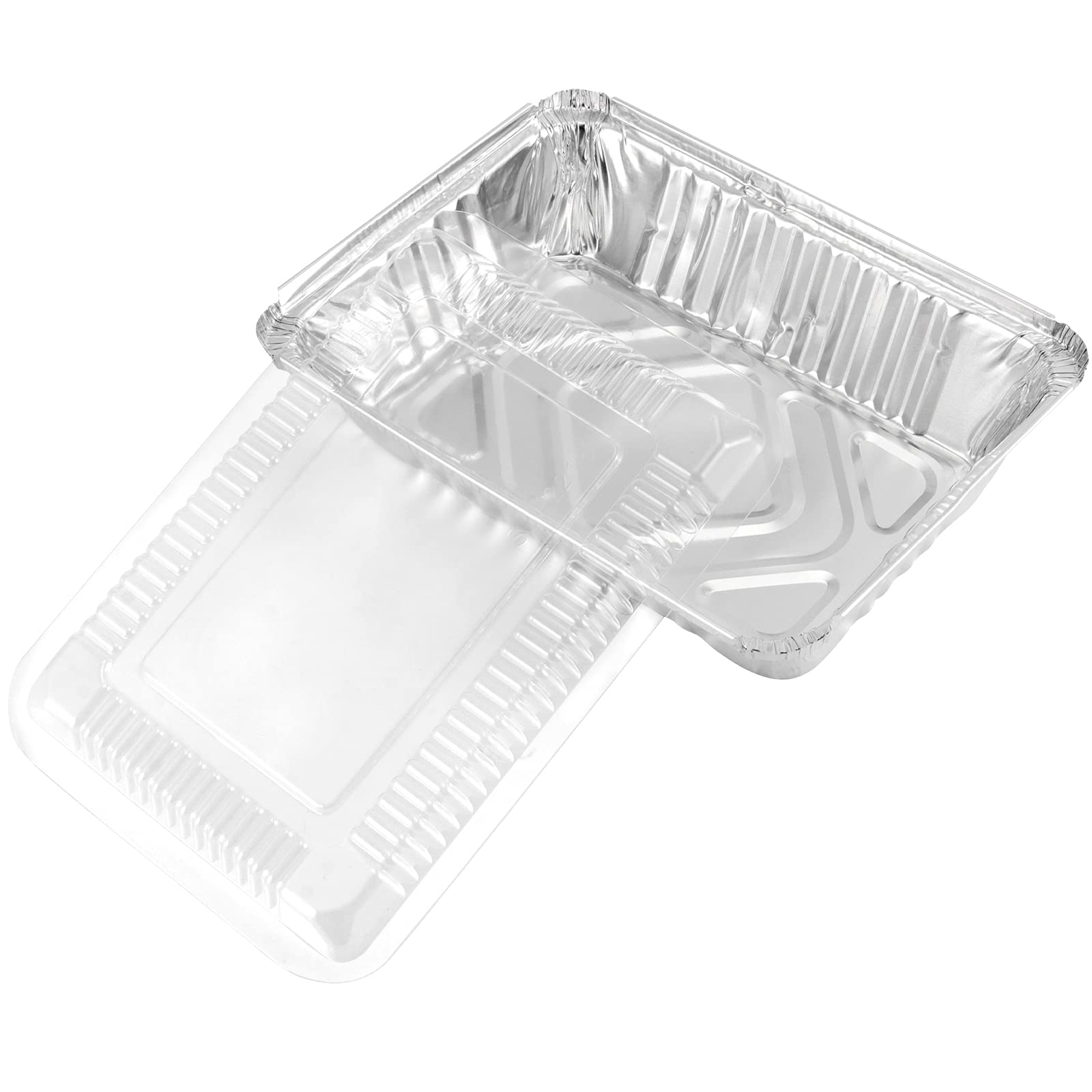 FUNSUEI 125 Pack 2.25 Lbs 8.5 x 6 x 2 Inch Aluminum Pans, Disposable Aluminum Foil Pans with Clear Lids for Baking, Cooking, Heating, Takeout