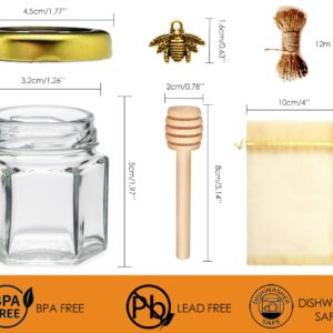 Adabocute 20 Pack Mini Honey Jars with Dipper - Mini Honey Jars for Baby Showers & Wedding Gifts - Gold Lids, Bee Pendants, Jutes and Gift Bags