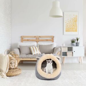 Beds for Indoor Cats - Small Dog Bed with Anti-Slip Bottom, Rabbit-Shaped Cat/Dog Cave with Hanging Toy, Puppy Bed with Removable Cotton Pad, Super Soft Calming Pet Sofa (Grey Medium)