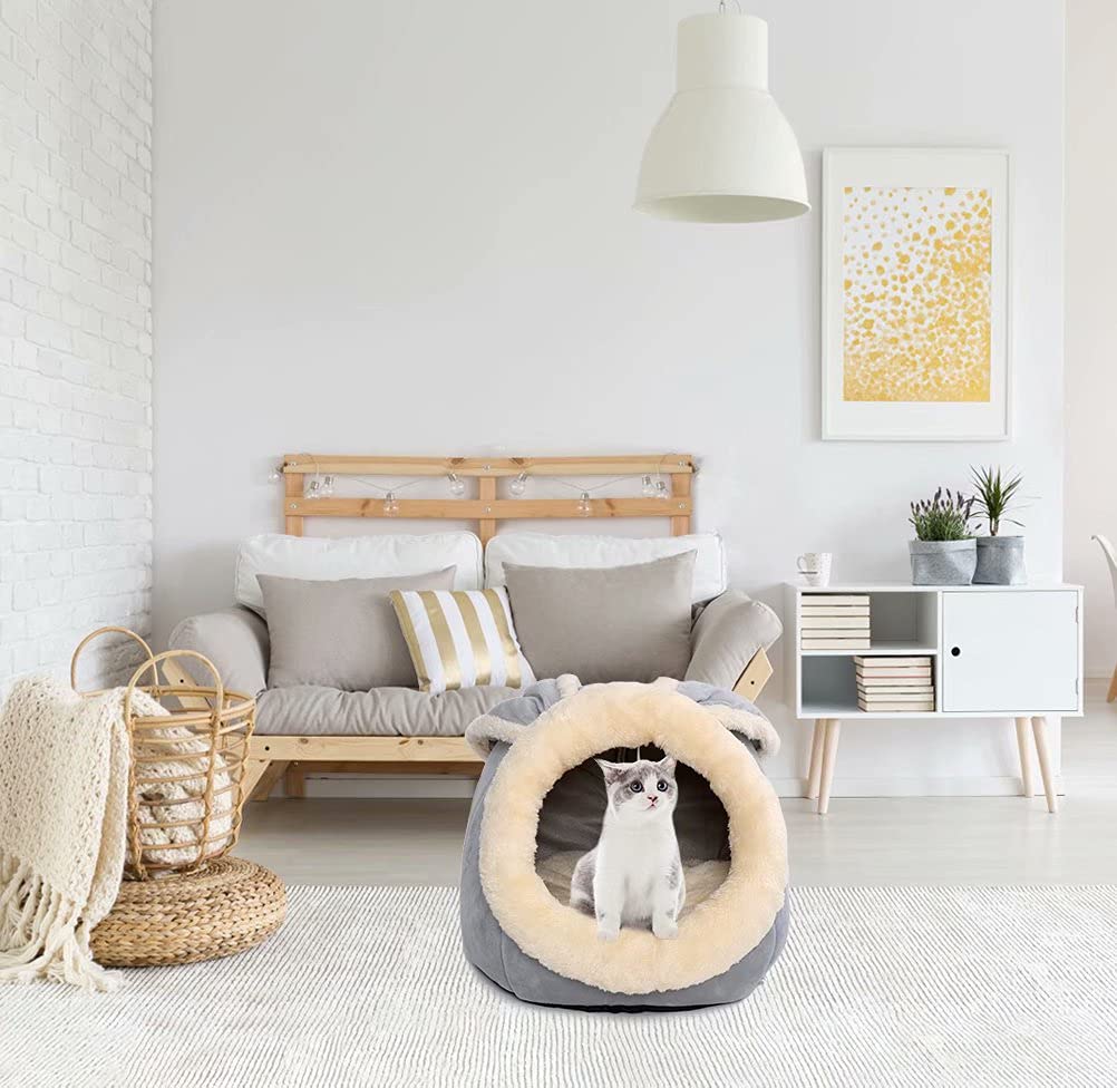 Beds for Indoor Cats - Small Dog Bed with Anti-Slip Bottom, Rabbit-Shaped Cat/Dog Cave with Hanging Toy, Puppy Bed with Removable Cotton Pad, Super Soft Calming Pet Sofa (Grey Medium)