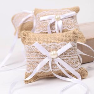 luzen 2Pcs Wedding Ring Pillows Rustic Burlap Lace Bridal & Bridegroom Ring Dispaly Small Pillow Holder for Wedding Party