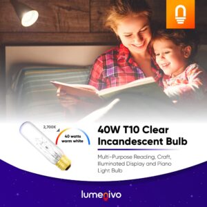 lumenivo Piano Light Bulb 40 watt 120 Volts 一 40T10/CL Light Bulb Display Replacement 一 T10 Bulb Medium Base (E26) 一 280 Lumen Clear Incandescent Bulb for Illuminated Display Units 一 2 Pack