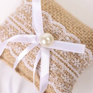 luzen 2Pcs Wedding Ring Pillows Rustic Burlap Lace Bridal & Bridegroom Ring Dispaly Small Pillow Holder for Wedding Party