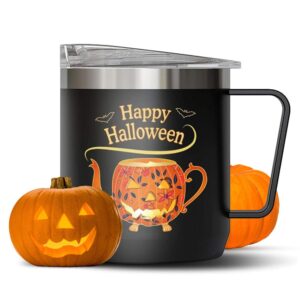 vahdam halloween pumpkin mug halloween coffee mug - stainless steel double wall insulated mug with lid & handle | halloween cups for hot & cold drinks | halloween themed mug, halloween mug