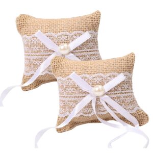 luzen 2pcs wedding ring pillows rustic burlap lace bridal & bridegroom ring dispaly small pillow holder for wedding party