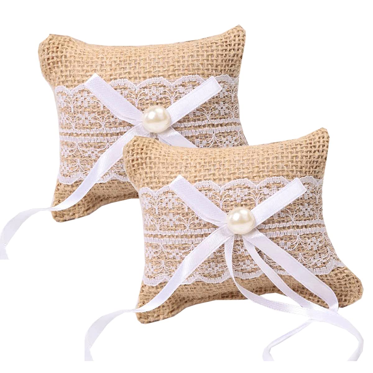 luzen 2Pcs Wedding Ring Pillows Rustic Burlap Lace Bridal & Bridegroom Ring Dispaly Small Pillow Holder for Wedding Party