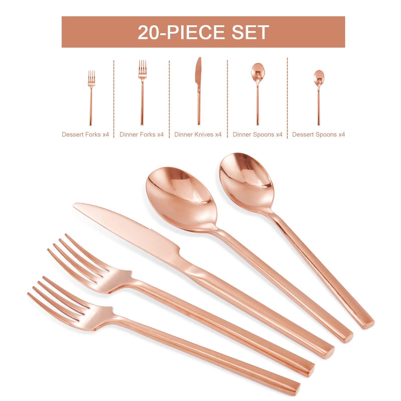 Gold Silverware Set, 20-Piece Stainless Steel Flatware Cutlery Set Service for 4, Tableware Utensils Set Includes Knife/Spoon/Fork for Kitchen Home Restaurant Gift, Mirror Polished, Dishwasher Safe