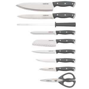 Farberware Triple Riveted Knife Set High-Carbon Stainless Steel Blades, Ergonomic Handles with Silver Accents, Includes Rubber Wood Storage Block, 15 piece, Gray