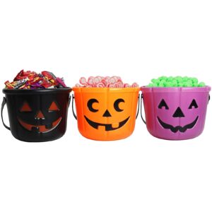 kepato halloween pumpkin candy bucket, 3 pack large plastic trick or treat basket for kids, portable halloween candy pumpkin pails for halloween party decor favors