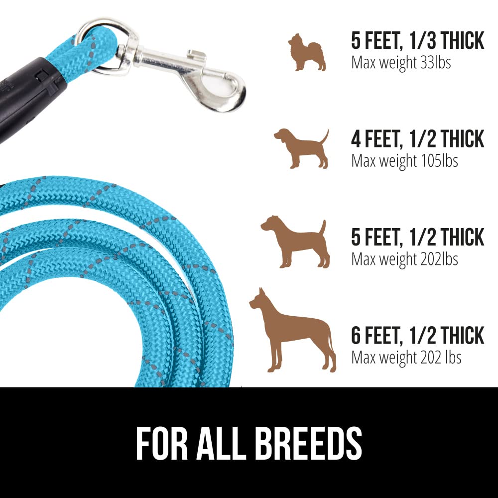 Gorilla Grip Dog Leash, Heavy Duty Reflective Rope Leashes for Large, Medium, Small Breed Dogs, Puppy Training Essential for Walks, Hikes, Soft Handle, Rotating Metal Clip, Waste Bag Dispenser, Blue