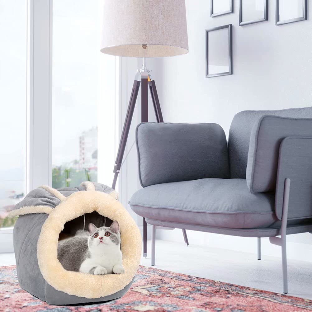 Beds for Indoor Cats - Small Dog Bed with Anti-Slip Bottom, Rabbit-Shaped Cat/Dog Cave with Hanging Toy, Puppy Bed with Removable Cotton Pad, Super Soft Calming Pet Sofa (Grey Medium)