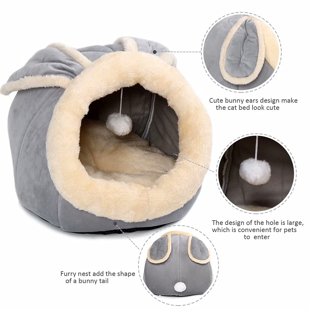 Beds for Indoor Cats - Small Dog Bed with Anti-Slip Bottom, Rabbit-Shaped Cat/Dog Cave with Hanging Toy, Puppy Bed with Removable Cotton Pad, Super Soft Calming Pet Sofa (Grey Medium)