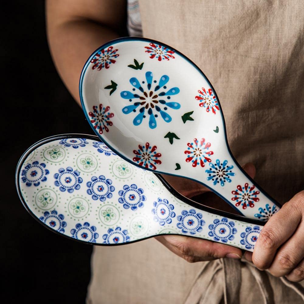 Sizikato Set of 2 Ceramic Spoon Rests, Utensil Ladle Rest for Kitchen, Blue Flower Pattern