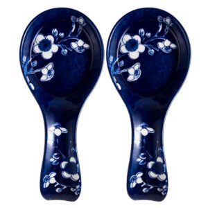 sizikato set of 2 ceramic spoon rests, utensil ladle rest for kitchen, blue flower pattern