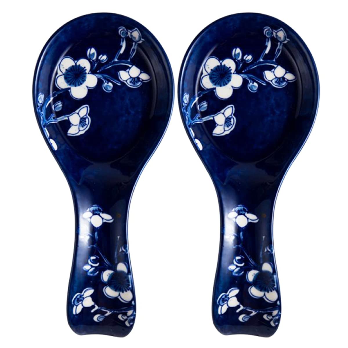 Sizikato Set of 2 Ceramic Spoon Rests, Utensil Ladle Rest for Kitchen, Blue Flower Pattern